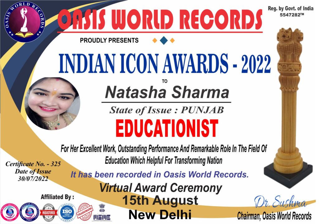 Indian Icon Award 2022 presented to Natasha Sharma – Oasis World Records